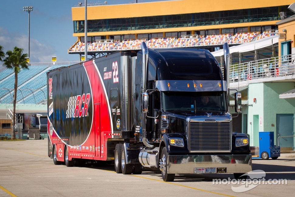 NASCAR Camping World Truck Series haulers enter the garage area
